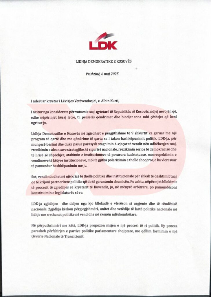 LDK e konsideron të pamundur bashkëpunimin me Kurtin, propozon Qeveri të tranzicionit